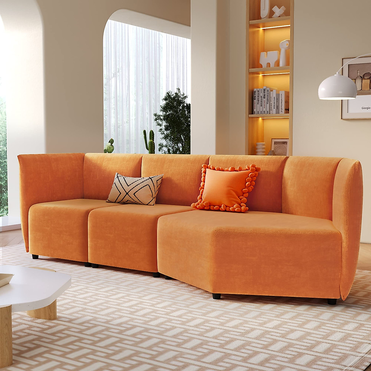 Verfur 106.3" Free Combination Curved Adjustable Backrest, 4-Seater Modular Sectional, Confy Upholstery Convertible Corner Sofa & Couches for Living Room, Office, Apartment, Orange