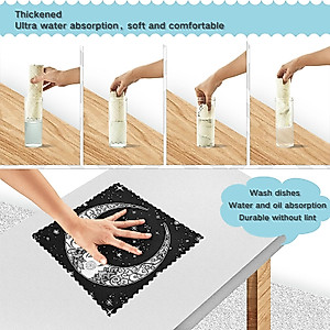 Vintage Hand Drawn Retro Face of The Moon Stars on Black 6 Set Kitchen Dish Towels, Washcloths Cleaning Cloths Dish Cloths, Absorbent Towels Lint Free Bar Tea Soft Waffle Towel 11"x11"