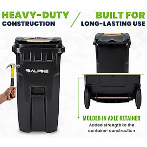 Alpine 64 Gallon Trash Can with Wheels - Large Heavy Duty Outdoor Trash Can with Lid, Rolling Trash Can Outdoor, Outside Wheeled Garbage Can for Residential and Commercial Use (Black)