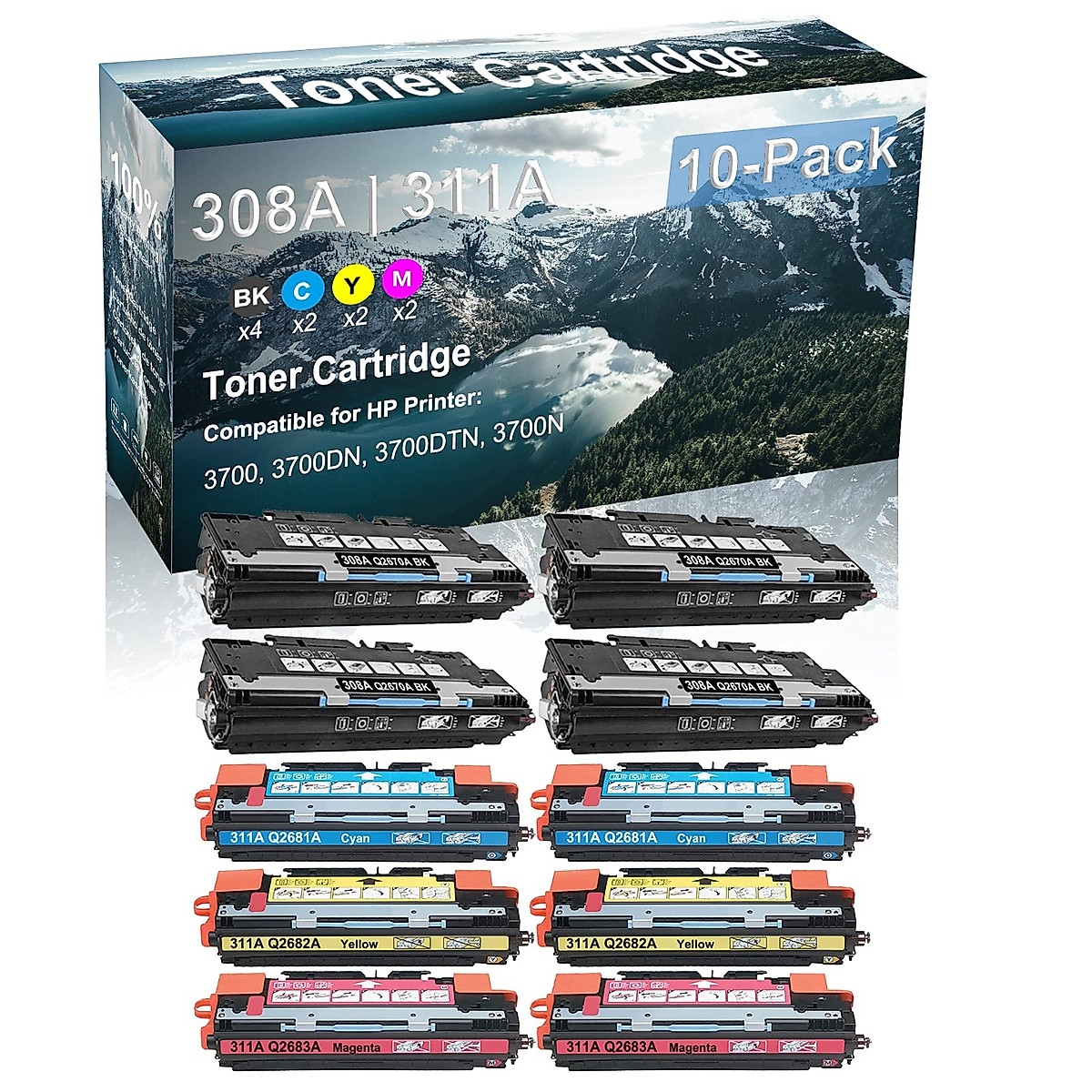 10-Pack (4BK+2C+2Y+2M) Compatible High Yield 308A 311A | Q2670A Q2681A Q2682A Q2683A Laser Printer Toner Cartridge use for HP 2500L 2500N Printer