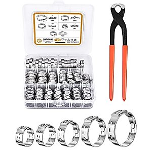 VIGRUE 304 Stainless Steel Single Ear Hose Clamps with Pincer, 105PCS 3/8'' to 1'' Stepless Hose Clamps with Pipe Clamp Tool, Pex Cinch Clamps Rings Tool Assortment Kit