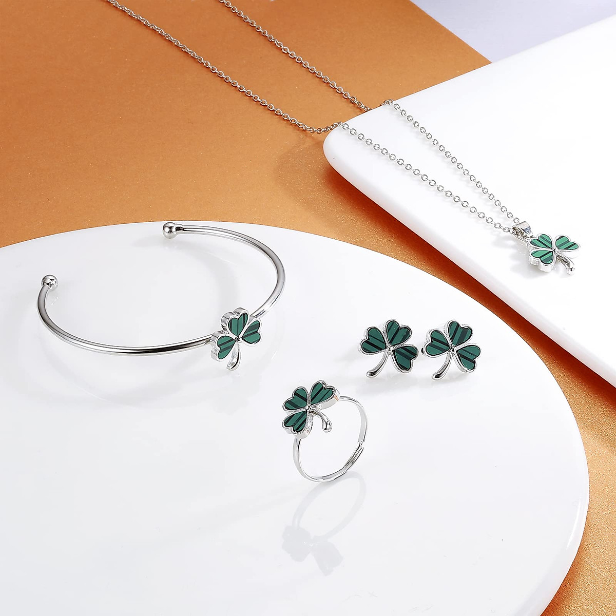 Shamrock St. Patrick's Day Necklace Earrings Ring Bracelet Jewelry Set Green Three Leaf Heart Clover Jewelry Gift for Women (Silver)