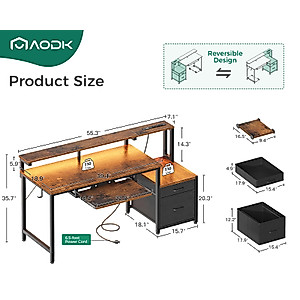 AODK 55" Computer Desk with Fabric File Cabinet and Drawer, Reversible Office Desk with Power Outlet and LED Light, Study Desk with Printer Stand, Keyboard Tray, Monitor Riser and PC Stand, Vintage
