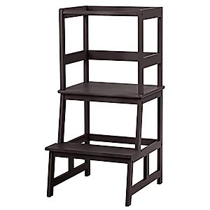 Costzon Kids Kitchen Step Stool with Safety Rail, Toddler Kitchen Stool w/Solid Bamboo Construction, Child Stand Helper for Kitchen Bathroom Living Room, Perfect for Toddler from 18-36 Months (Brown)