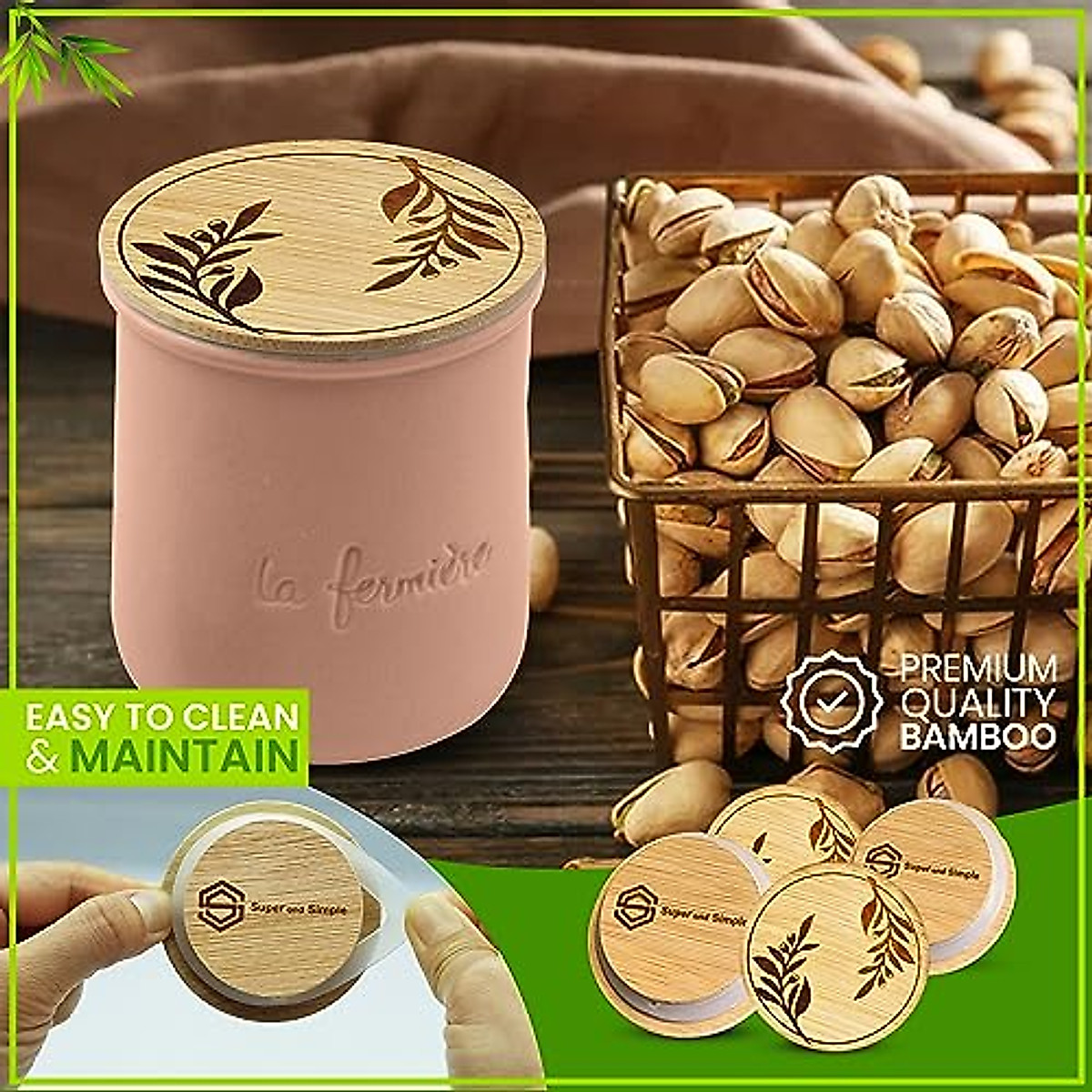 La Fermiere Yogurt Jar Tops – Olive Branches Design or Choose a Design – 4-pcs Wood Lids Set With Extra Silicone Sealing Rings - Perfectly Airtight Fit
