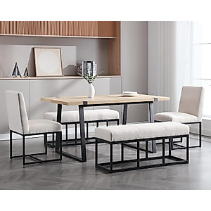 HNY Mid Century Modern Upholstered Kitchen Dining Bench Metal Entryway Bench Seat, 45 Inch Linen Tufted Bench Ottoman Indoor Window Bench for Bedroom End of Bed/Living Room/Mudroom/Narrow/, Cream