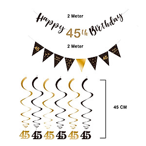 BRT Bearingshui 45th Birthday Decoration Kit for Men Women, Happy 45th Birthday Banner Bunting Swirls Streamers, Triangle Flag Banner for Birthday Party Decorations Supplies Black and Gold 45th