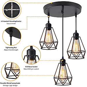 YXTH 3-Light Pendant Light Fixtures, Farmhouse Hanging Pendant Lighting, Adjustable Industrial Kitchen Island Hanging Light Fixture, Black Metal Cage Pendant Ceiling Lamp for Kitchen Dining Room