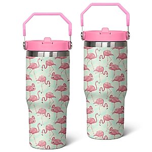 30 oz Flamingo Tumbler with Handle, Large Insulated Tumbler with Flip & Straw Coffee Mug Cup Stainless Steel Gifts for Women Men Youth