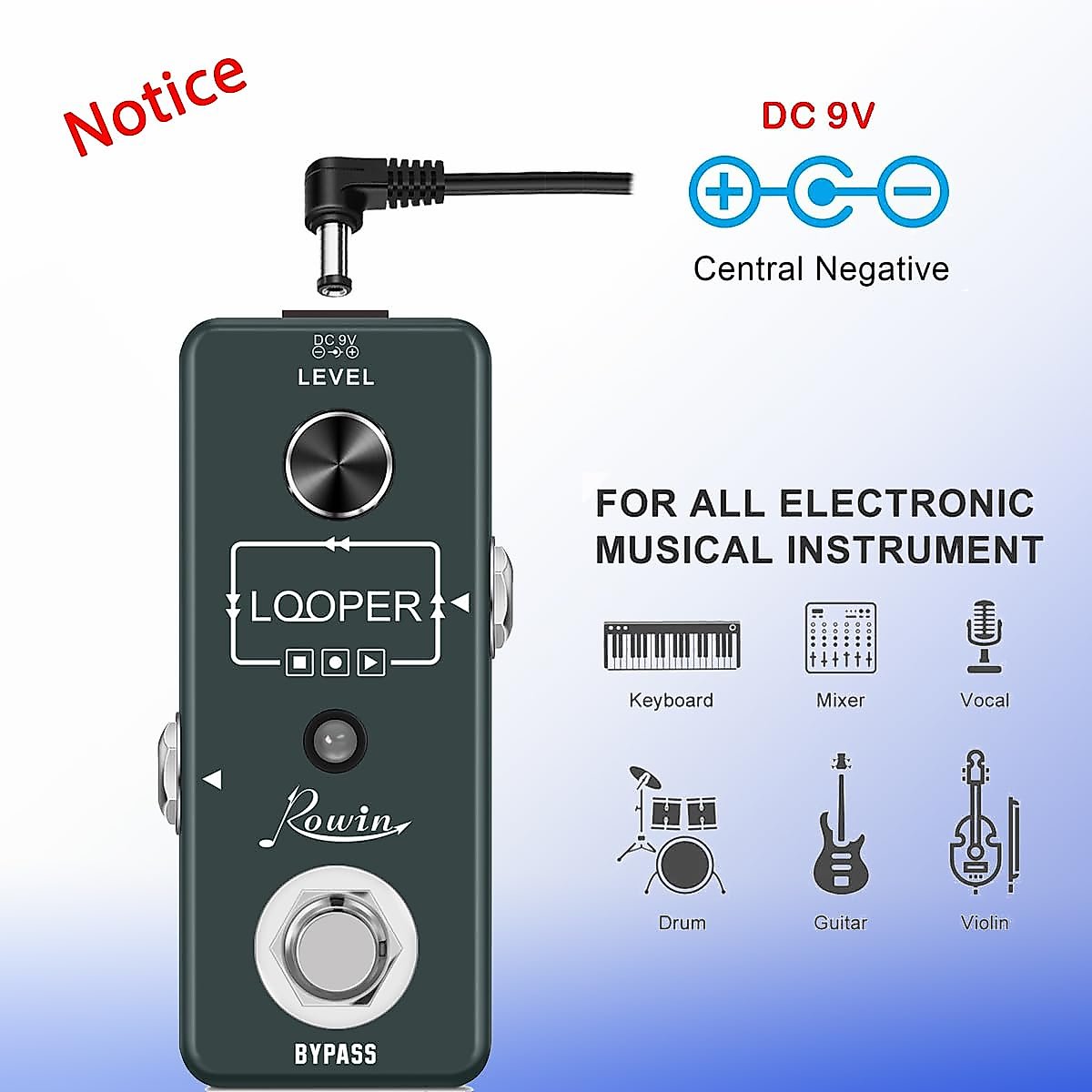 Rowin Looper Guitar Pedal Unlimited Overdubs 10 Minutes of Looping With USB to Import and Export Loop