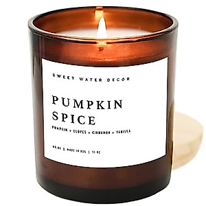 Sweet Water Decor Pumpkin Spice Candle - Fall Candles with Pumpkin, Clover, Cinnamon & Vanilla Scent for Home - Pumpkin Candle with 50 Hours Burn Time - 11Oz Wood Lid Amber Jar Pumpkin Soy Candles