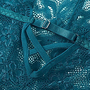 Fayenne Lingerie for Women Teddy Lingerie Floral Lace One Piece Babydoll Lingerie Deep V Bodysuit Strappy Lingerie Dark Green