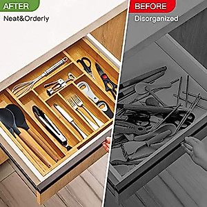 Thick Bamboo Cutting Board and Bamboo Kitchen Drawer Organizer Large Silverware Tray for Spoon Fork Flatware （7-9 Slot）