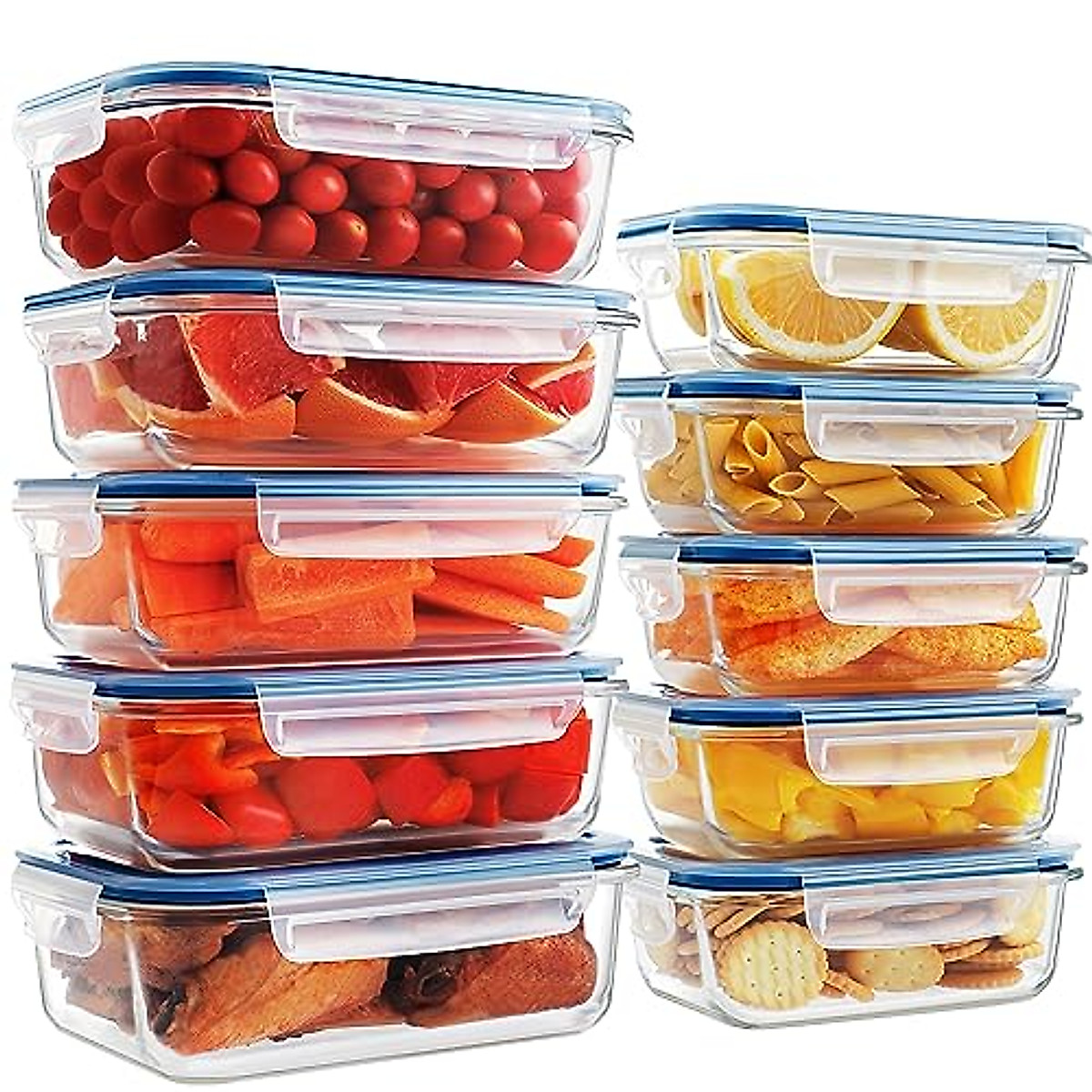 HOMBERKING 10 Pack Glass Meal Prep Containers, Glass Food Storage Containers with Lids, Airtight Glass Lunch Bento Boxes, BPA-Free & Leak Proof, 36oz & 14oz (10 lids & 10 Containers) - Blue