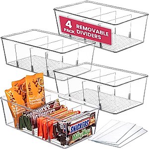 Oizeir Clear Pantry Organizer Bins (4PK) - Fridge Organizer with 3 Removable Dividers - Kitchen Pantry Organizers & Storage - Refrigerator Organizer, Storage Cabinet Snack Organizer, Freezer Organizer