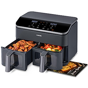 COSORI 9Qt 8-in-1 Dual Air Fryer, Multi-dish Cooking at Once for Family and Couple with Double Baskets, Bake, Roast, Reheat, Broil, Dry & 130 Recipes for Easy and Crispy Meals, Dishwasher Safe