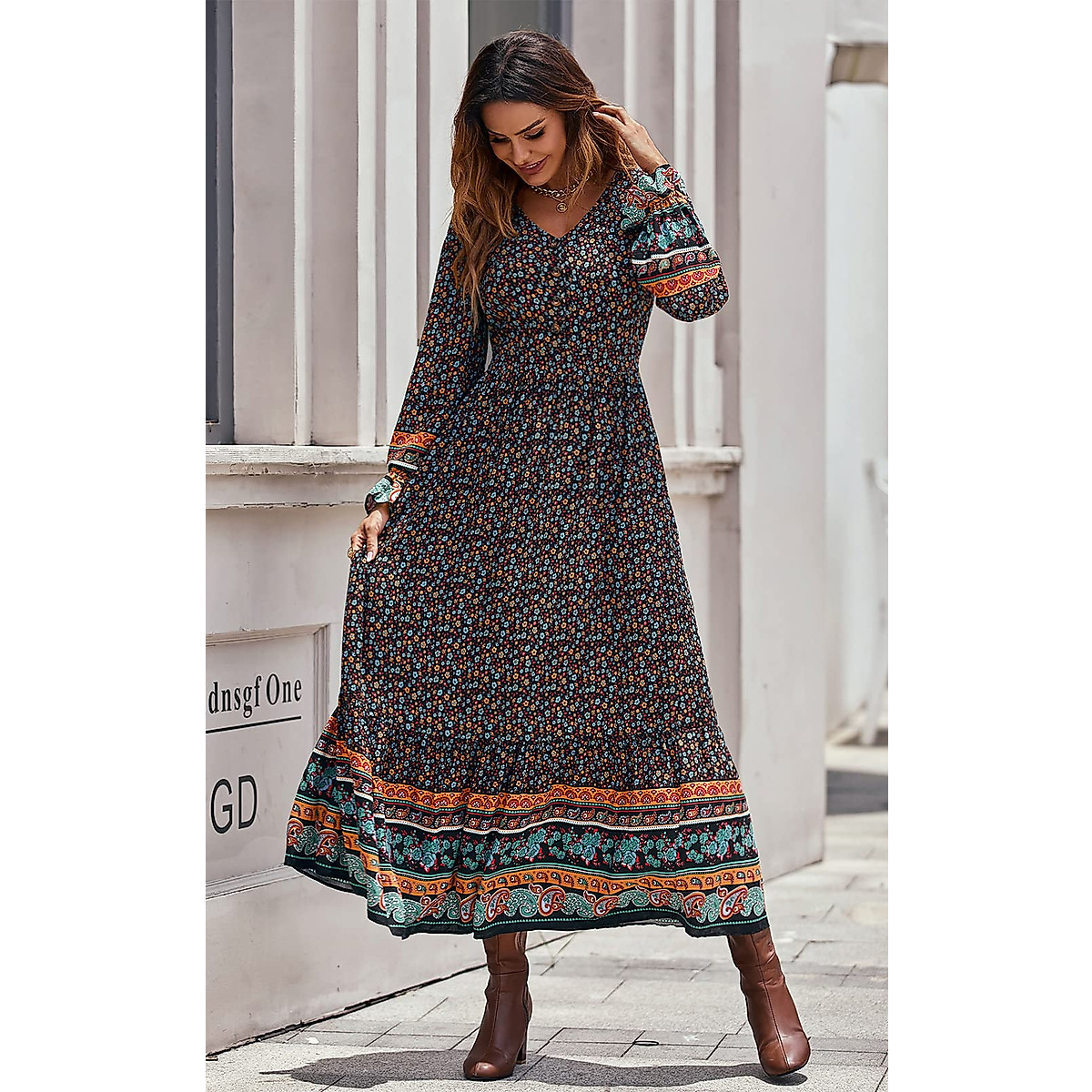 PRETTYGARDEN Long Sleeve Dress for Women - V-Neck Casual Boho Floral Vintage Fall Long Maxi Dresses (Black,X-Large)