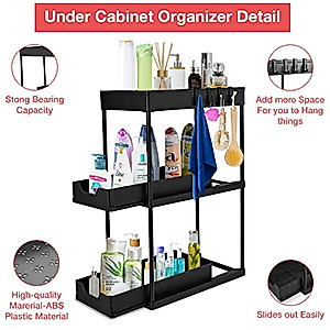 Solesoul 3-Tier Under Sink Organizers and Storage Unit - Bathroom and Kitchen Sink Organizers with 4 Hooks - Multi-Purpose Cabinet Organizer Shelf with Sliding Drawers - Black- White- Gray (Black)