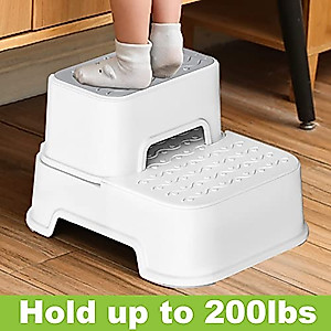Two Step Stool for Kids, Double up Toddler Step Stool for Potty Training, Kitchen, Bathroom, Toilet Stool with Anti-Slip Strips for Safety, Stackable, Wide Step (1 Pack White)