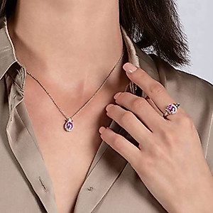 Jewelili Enchanted Disney Fine Jewelry 14K Rose Gold Over Sterling Silver 8x6 MM Oval Shape Created Pink Sapphire and 1/10 Cttw Natural White Round Diamond Aurora Pendant Necklace, 18" Cable Chain