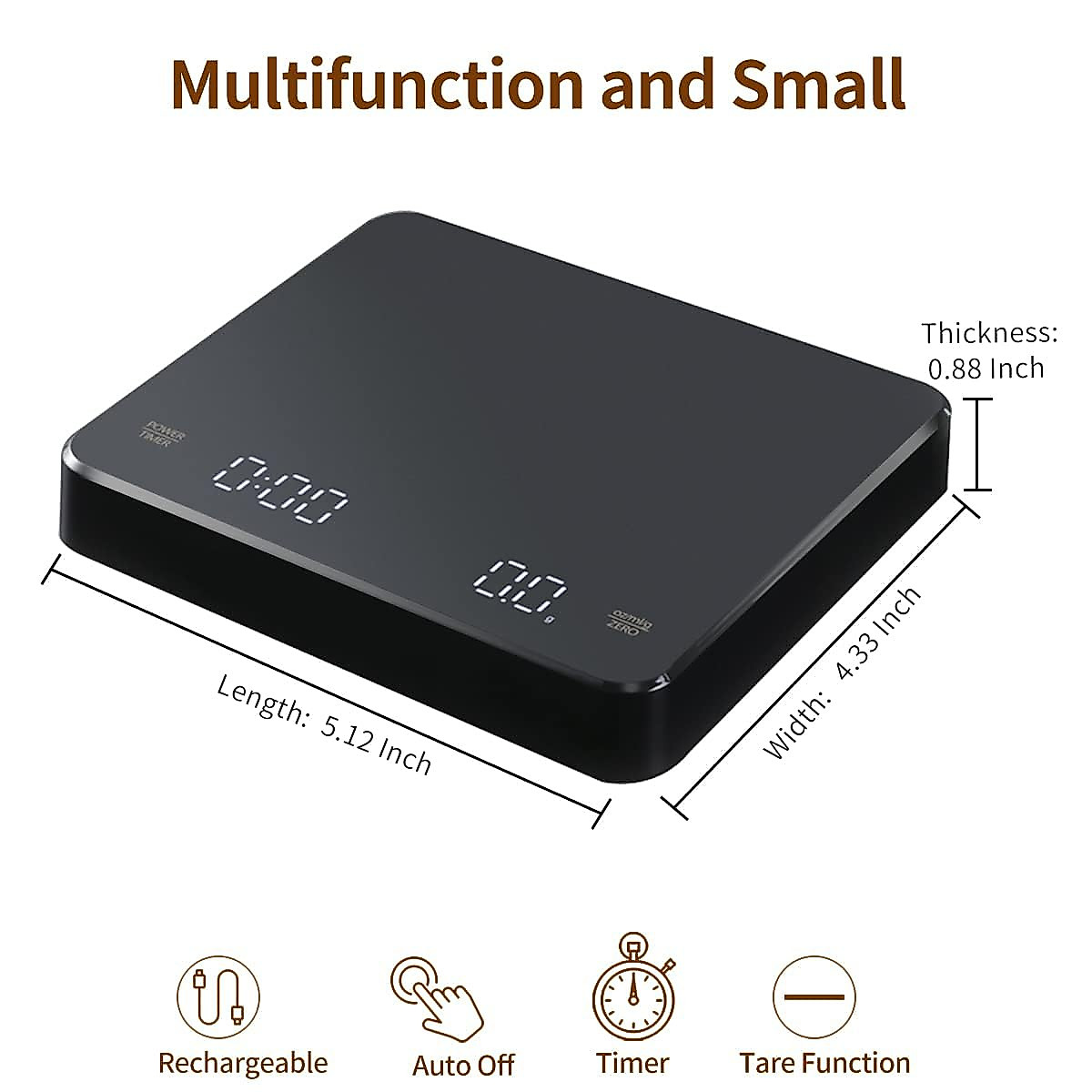 Coffee Scale with Timer, Rechargeable Espresso Coffee Scale, 3kg/0.1g High Precision Digital Coffee Scale, Kitchen Food Scale with Invisible Screen, Measures in g/oz/ml (Black)