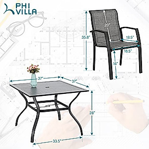PHI VILLA Outdoor Patio Aluminum Dining Set for 4, Garden Furniture Sling Dining Table Set with Square Metal Dining Table and Aluminum Wider Armrest Dining Chairs for Deck, Yard (Grey)