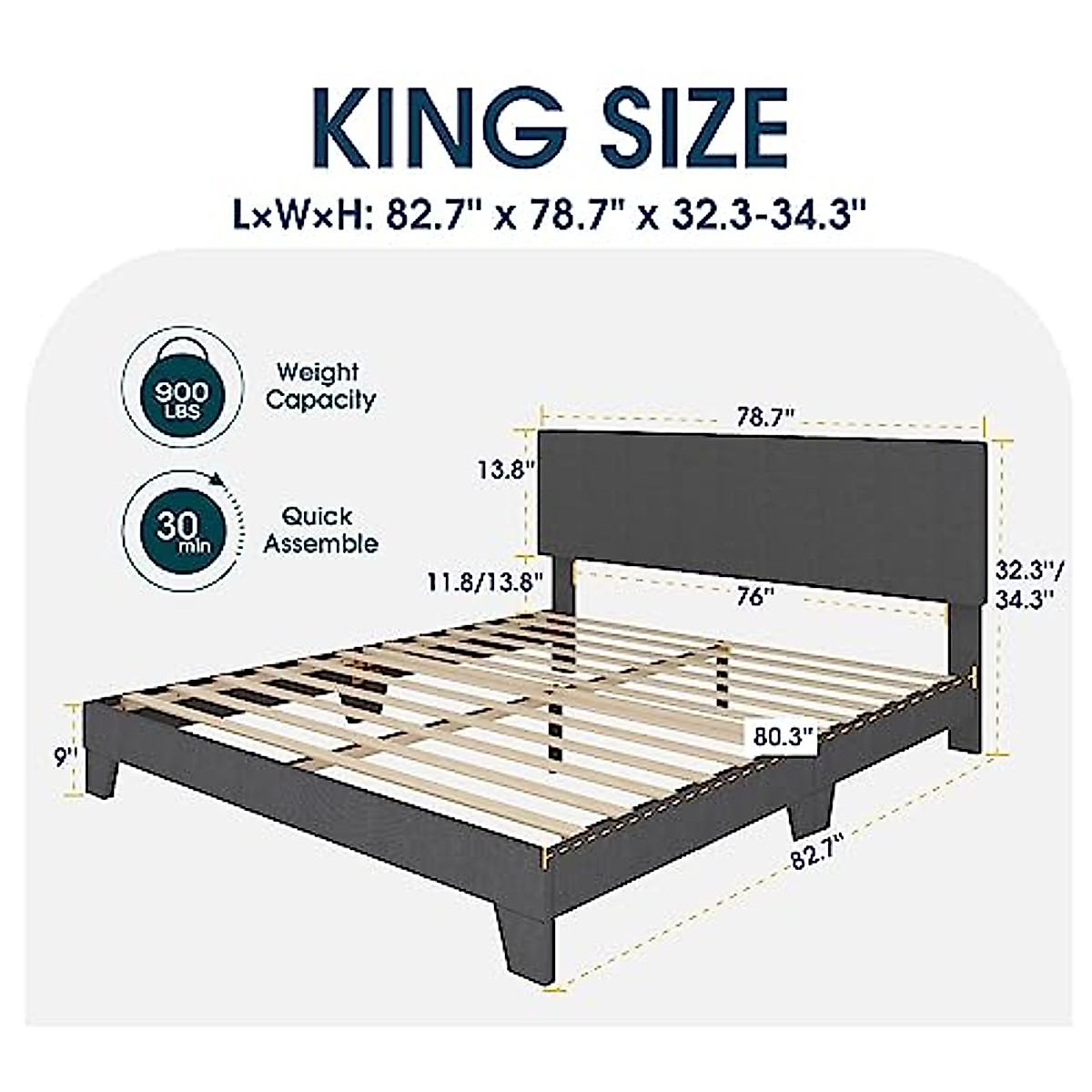 WEEWAY King Upholstered Platform Bed Frame with Adjustable Headboard and Strong Wooden Slats, Heavy-Duty Mattress Foundation, No Box Spring Needed, Easy Assembly, Dark Grey