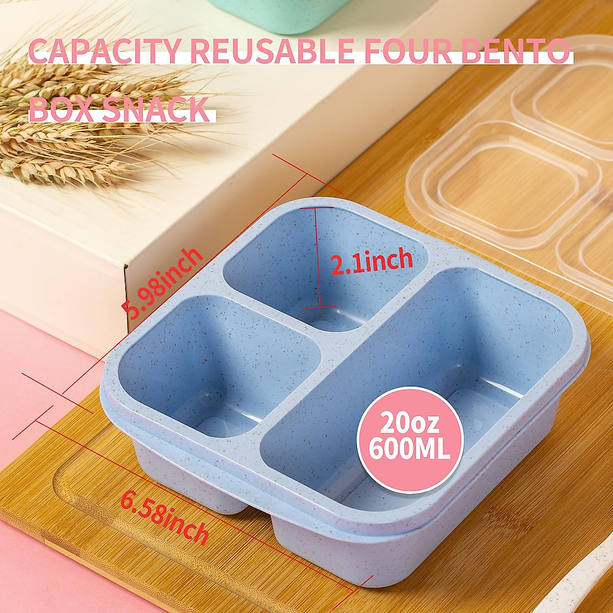 4 Pack Snack Containers, Bento Snack Box with 3 Compartment, Wheat Straw Reusable Lunch Containers for Adults Divided Food Storage Containers for Work Travel