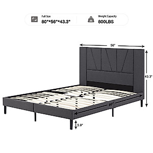 Flolinda Full Size Bed Frame Upholstered Platform with Complete Headboard and Strong Wooden Slats, No Box Spring Needed, Easy Assembly, Dark Grey