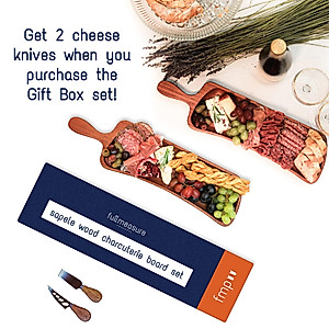 Wooden Cheese Board & Charcuterie Set with Handles - Set of 2 Wooden Tongs, 2 Cheese Knives - Can be Used as Meat Tray, Cheese Tray, Serving Board or Long Serving Platter.