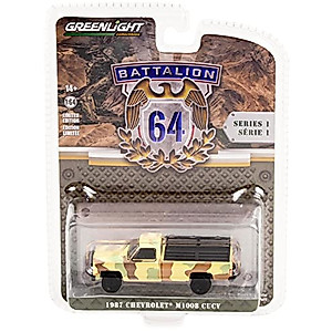 1987 Chevy M1008 CUCV Pickup Truck with Troop Seats Desert Camouflage Battalion 64" Release 1 1/64 Diecast Model Car by Greenlight 61010 F