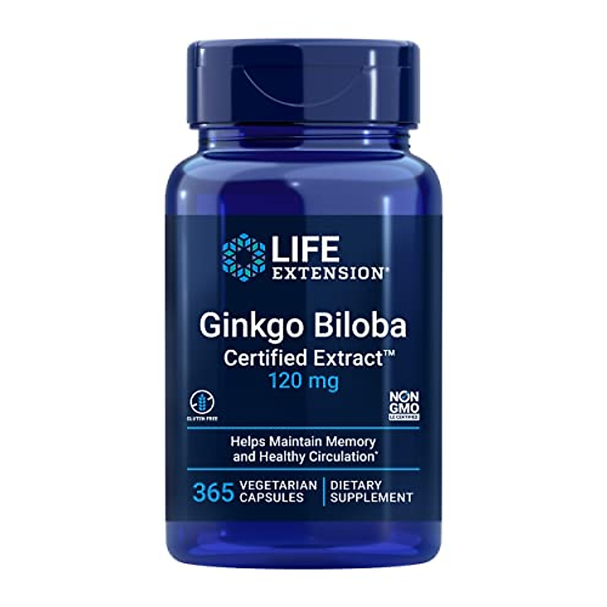 Life Extension Ginkgo Biloba Certified Extract™, 120 mg, helps maintain memory & cognition, gluten-free, non-GMO, vegetarian, 365 capsules