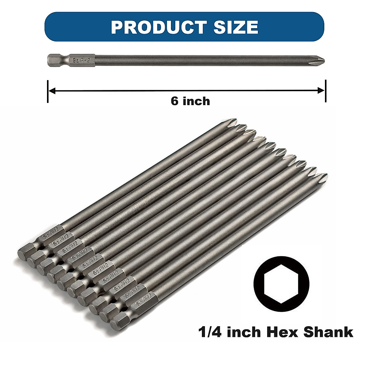 VESTTIO Phillips Cross Slot PH2#2 Long Screwdriver Bit Set 10PCS 1/4 Inch Hex Shank 6 Inch/150 mm Length S2 Steel with Magnetic for Power Screwdriver Drill Impact Driver