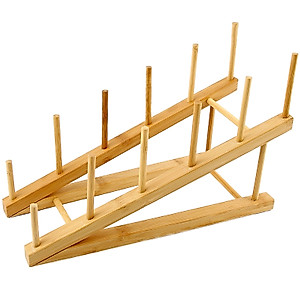 UUKD Bamboo Dish Drying Rack, Wooden Dish Rack, Stand Pot Lid Holder, Kitchen Storage Organizer for Dish, Bowl, Cup, Cutting Board (Incline Drain Rack)