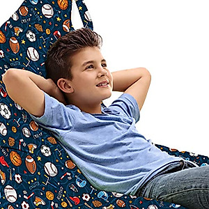 Ambesonne Sport Lounger Chair Bag, Many Basketball Baseball and Football Champ Gloves Dark Background, High Capacity Storage with Handle Container, Lounger Size, Dark Blue Multicolor