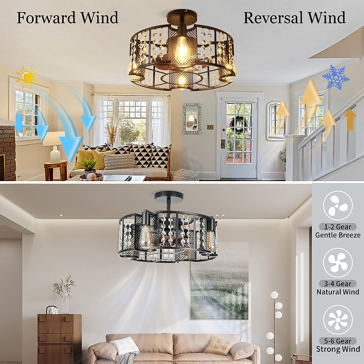 XuanDe Ceiling Fans with Lights and Remote, Vintage Caged Ceiling Fans Industrial Farmhouse Rustic Ceiling Fan Bladeless Enclosed Flush Mount for Hall, Living Room, Bedroom（Bulb x 6 Included）