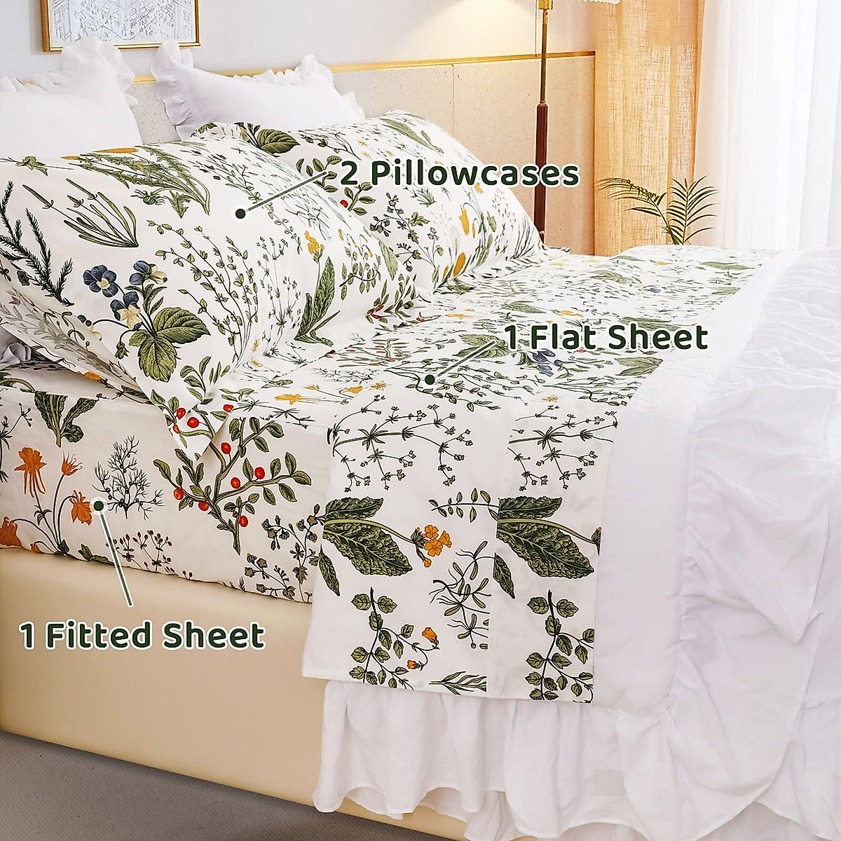 QSH 100% Cotton Sheets for Queen Size Bed, Yellow Flowers Plant Pattern Botanical Luxury Cotton Printed Floral Bedding Sheets Queen Soft and Breathable 4pcs Deep Pocket Queen Sheet Set
