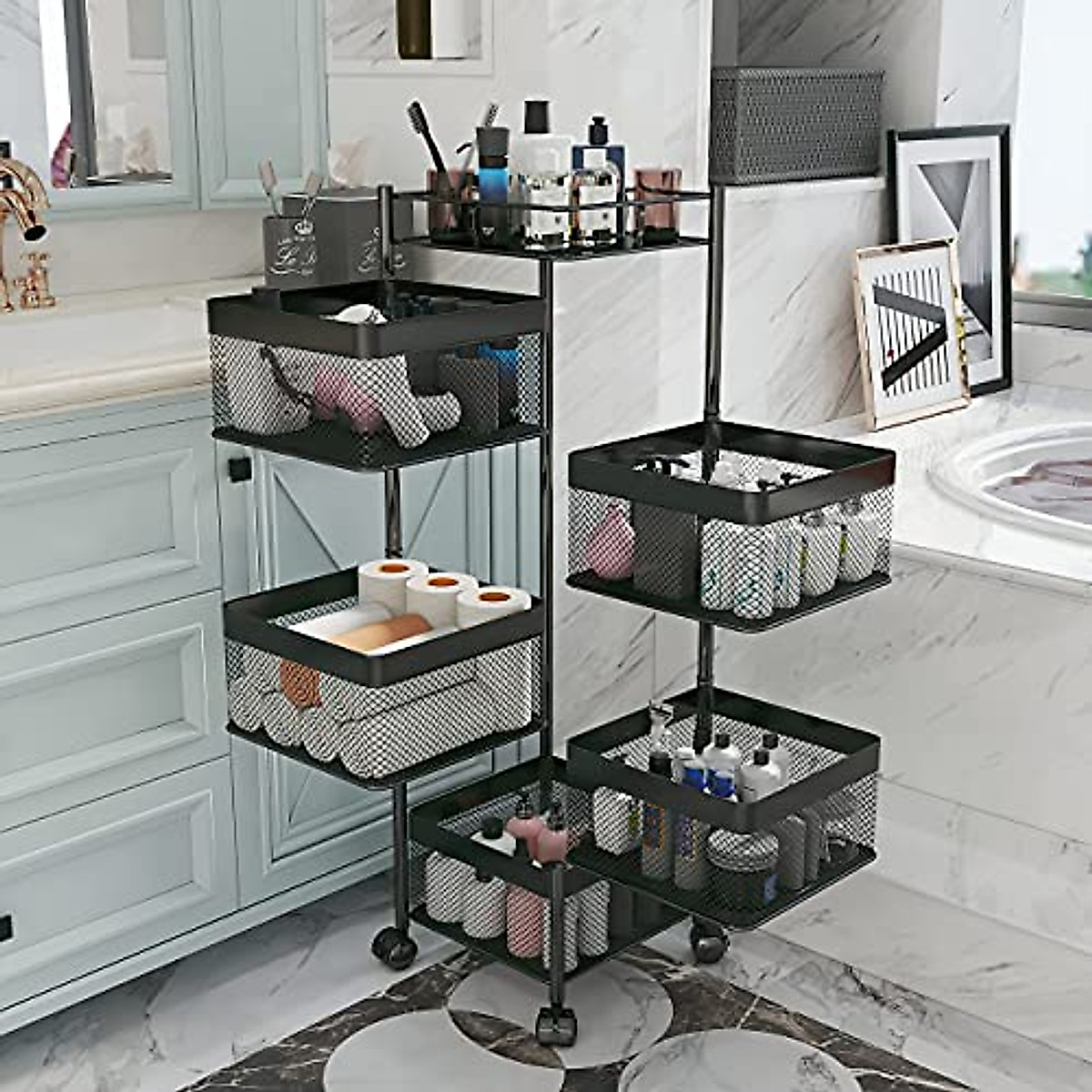 xinyourui Rotating Kitchen Storage Shelves Rack，Bathroom Organizer Metal Shelf，Fruit Basket for Kitchen，Rolling Cart with Wheels，Spice Drawer Organizer(Black, 5 Tier-Square)