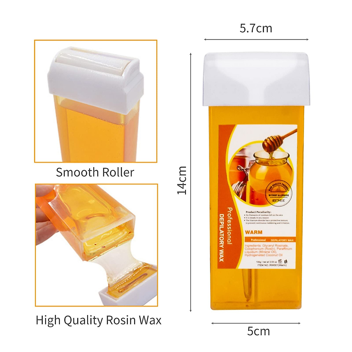 Roll on Wax, Hair Removal Wax Kit, 4pcs Honey Roll on Wax & 100 Non-Woven Wax Strips, Hair Removal Wax Cartridge, Depilatory Wax Roller Refill, Hair Removal Wax Roller for Body Waxing, Leg and Arms