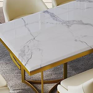 POVISON Marble Dining Table for 6, Modern Dining Room Table 63" for Kitchen & Dining Room, White Marble Table Top with Luxury Gold Trestle Pedestal(Dining Table Only)
