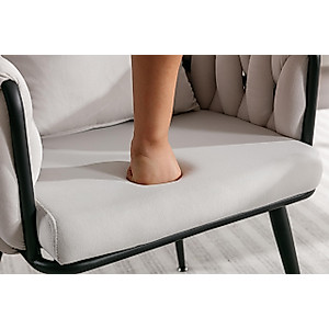 INMOZATA Dining Chairs Set of 2, Modern Woven Dining Room Chairs, Upholstered Kitchen Chairs, Velvet Dining Chair with Black Metal Legs,Ivory