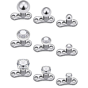 Lcolyoli 9Pcs Medical Grade G23 Titanium Dermal Anchor Tops with Cubic Zirconia Base Microdermals Piercing Jewelry for Women Men 14 Gauge Silver-tone