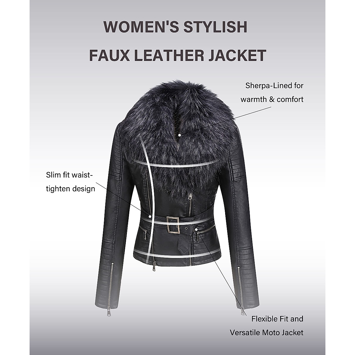 Bellivera Women's Faux Leather Short Jacket Moto Sherpa-Lined Belt Coat with Removable Fur Collar 9203 Black M