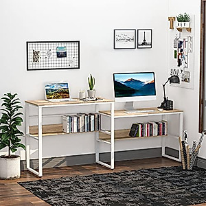 HOMCOM 86.5 Inch Two Person Desk Double Computer Table Writing Desk with Open Shelves Long Storage Workstation for Home Office White and Natural