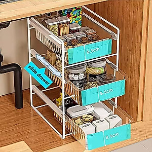 Atkits Clear Under Sink Organizers and Storage Under Sink Kitchen Organizer Pull Out 2-Tier Under Sink Cabinet Organizer with Sliding Storage Drawer,White,3 Tier