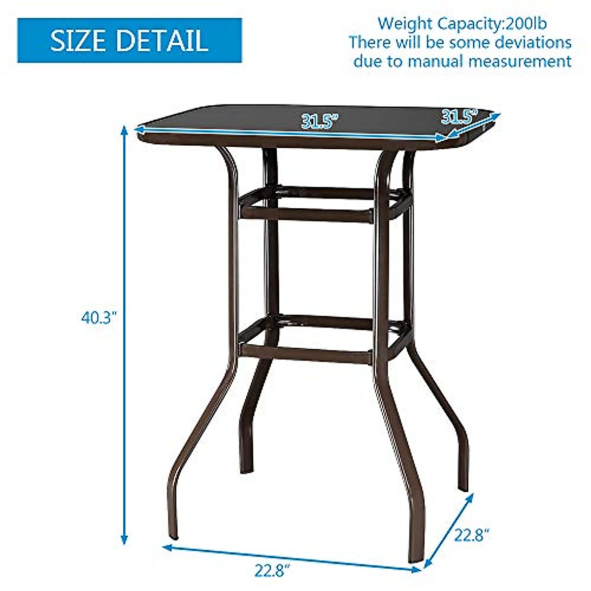 VINGLI Outdoor Bar Table Metal Brown Patio Bar Table, Tempered Glass Table Top Outdoor Console Tables Pub Table for Patio High Top Table