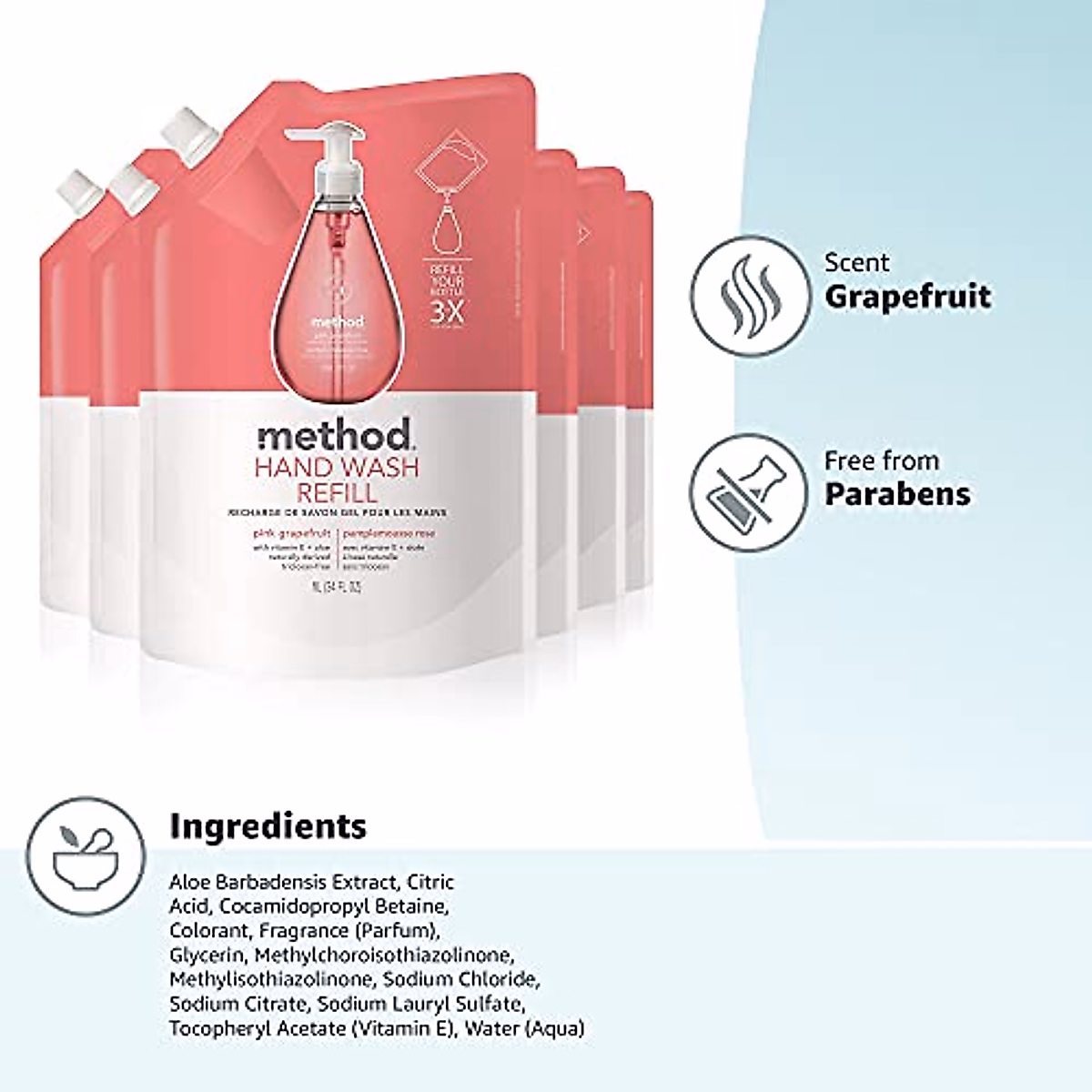 Method Gel Hand Soap Refill, Pink Grapefruit, Biodegradable Formula, 34 fl oz (Pack of 6)
