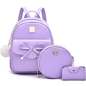 I IHAYNER Girls Bowknot 3-Pieces Fahsion Leather Backpack Backpack Purse for Women Rucksack for Ladies Shoulder Bag Purple