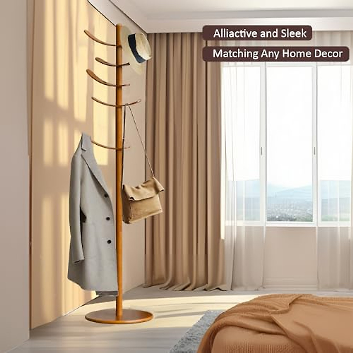 Pieryakers Wooden Coat Rack,Wood Coat Rack Stand with 5 Hooks,Freestanding Coat Rack Coat Tree, Easy to Assemble, For Entryway, Bedroom, Office,Coat, Bag (Walnut)