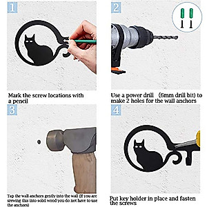 UptoBillions Decorative Wall Mounted Iron Key Holder for Wall, 11 inch with 4 Key Hooks Organizer for car or House Keys, Key Rack with Screws and Anchors (Cat and Home, Black)